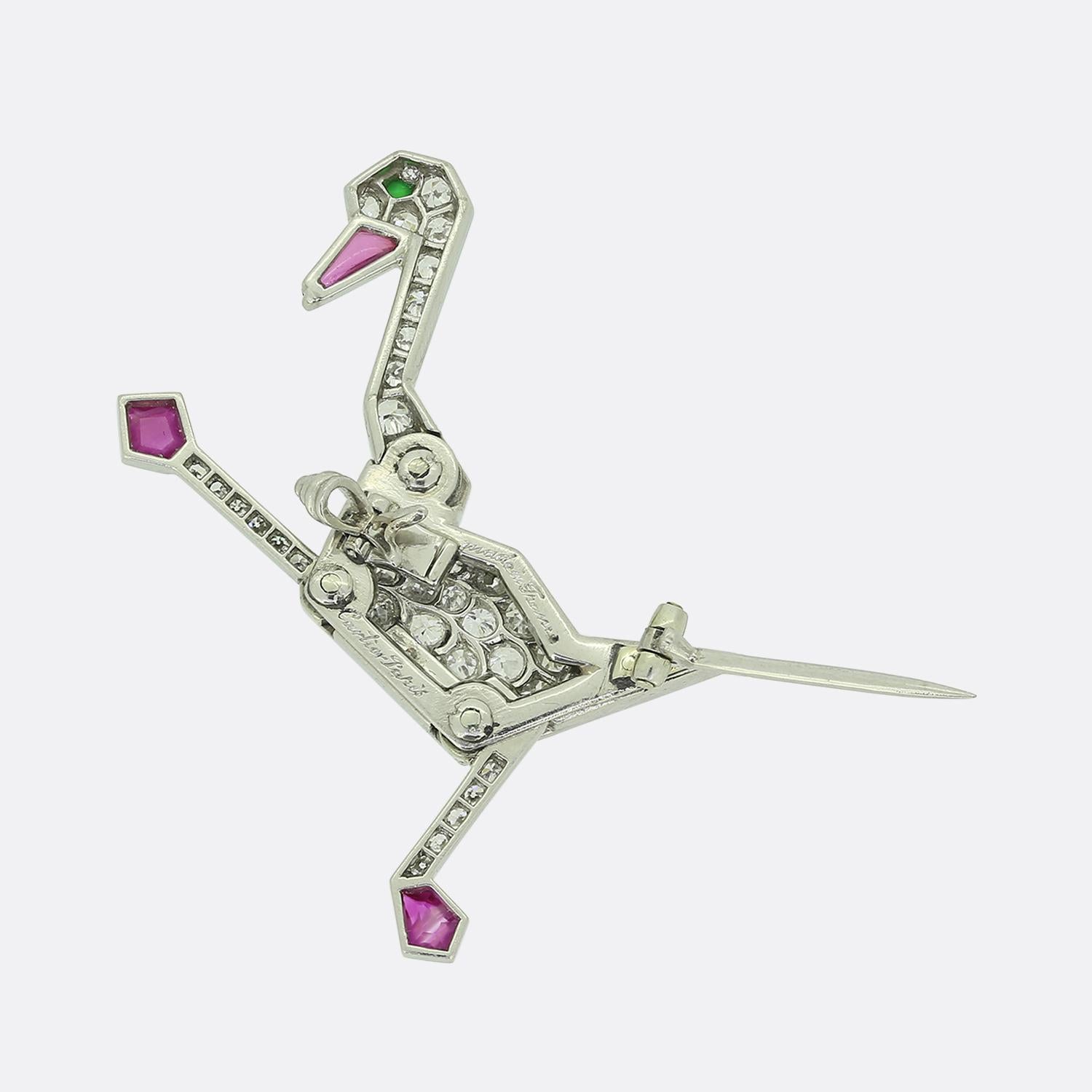 Cartier Art Deco Ruby Diamond Jade Stork Brooch For Sale at 1stDibs