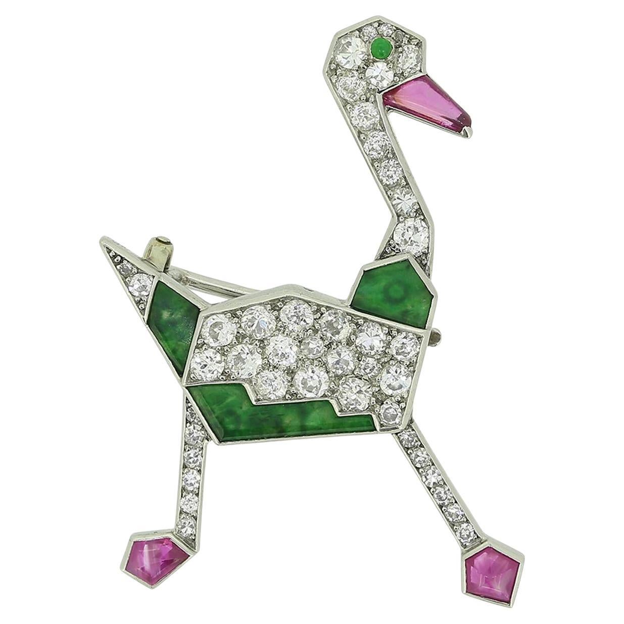 Cartier Art Deco Ruby Diamond Jade Stork Brooch For Sale at 1stDibs