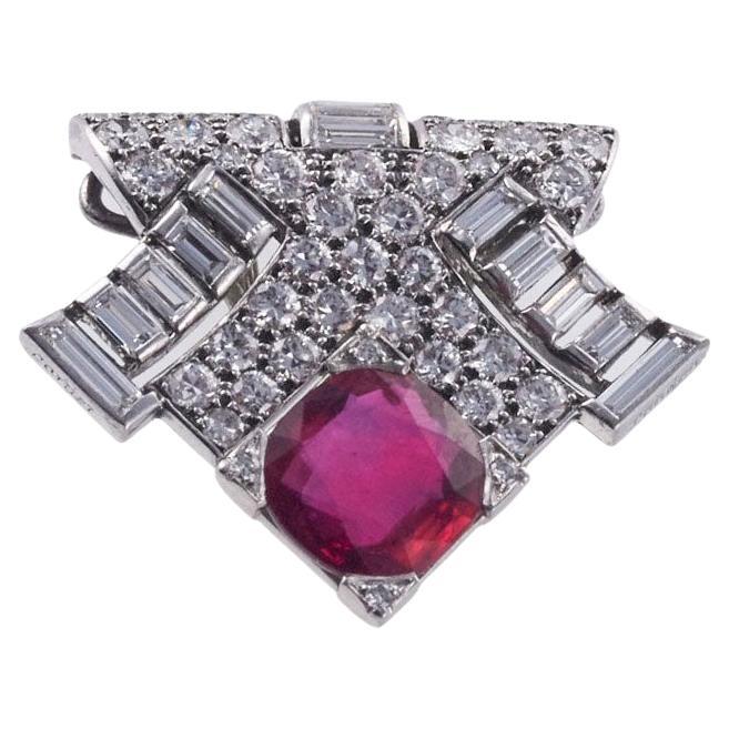 Cartier Art Deco Ruby Diamond Platinum Brooch For Sale at 1stDibs