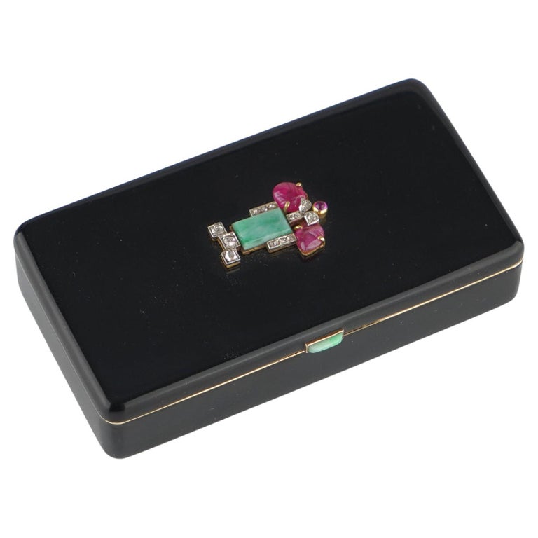 Cartier Art Deco Silver and Black Enamelled Jewellery Box Set with Gems ...