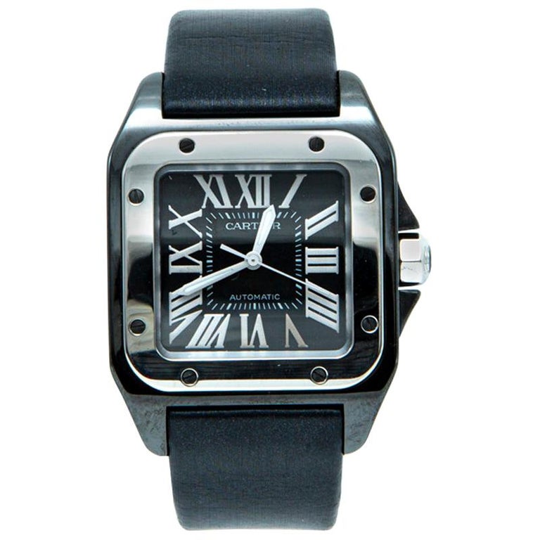 Cartier Black Ceramic Santos 100 Satin Strap Men'S Watch 33X44MM at ...