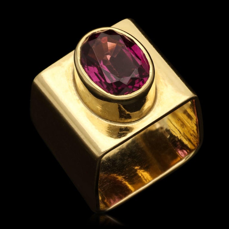 Cartier Bold Modernist Gold Square Ring Set with an Oval Tourmaline ...