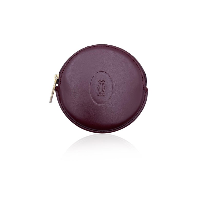Cartier Burgundy Leather Round Coin Purse Wallet with Box at 1stDibs