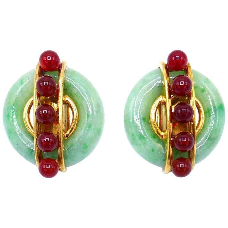 Cartier by A. Cipullo Jade Carnelian Yellow Gold Earrings at 1stDibs