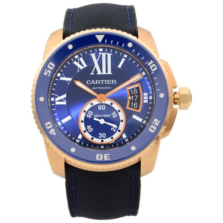 Cartier Calibre De Diver 18K Rose Gold Blue Dial Automatic Men’s Watch ...
