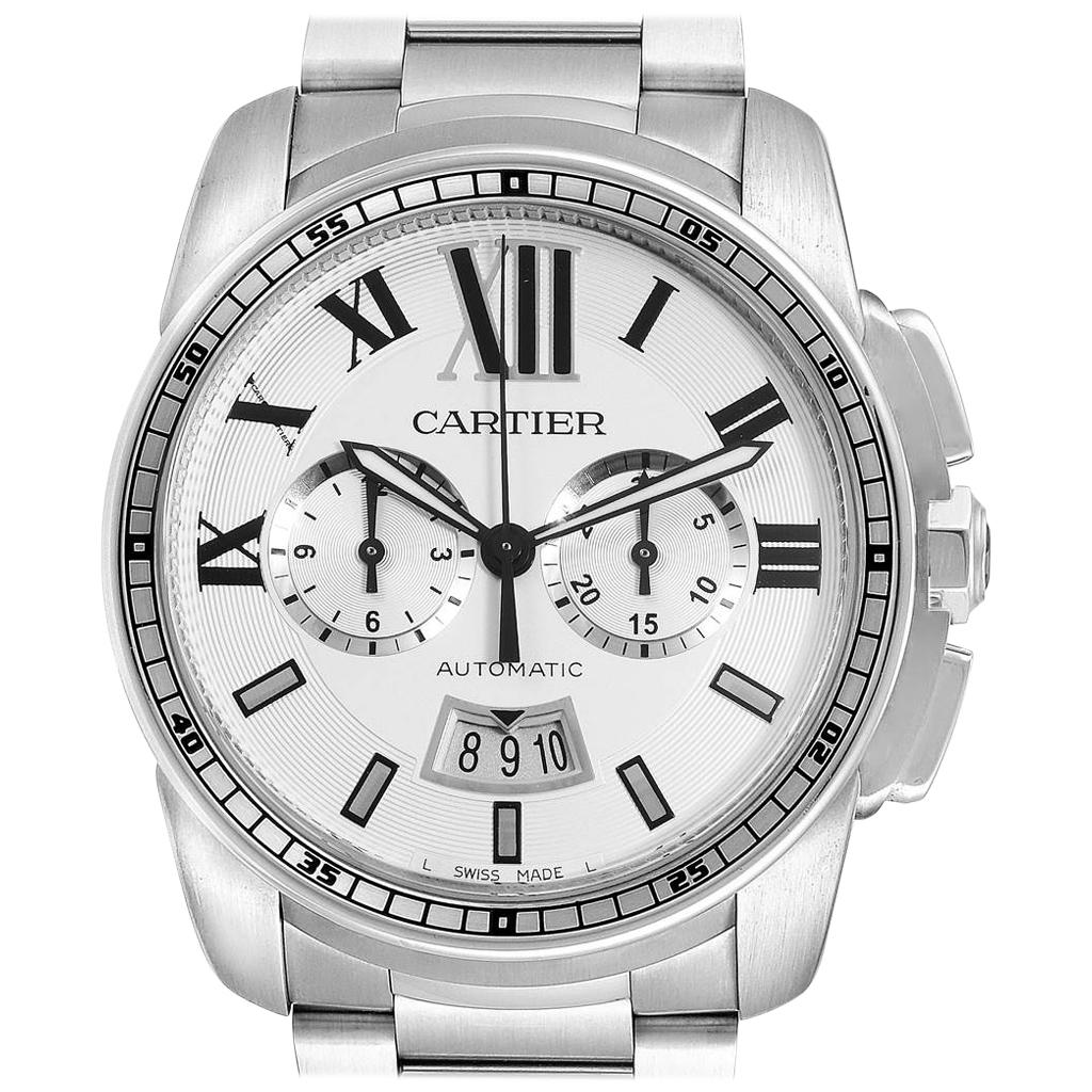 Cartier Calibre Silver Dial Chronograph Men's Watch W7100045 Box Papers ...
