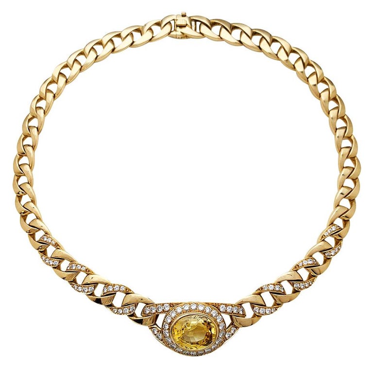 Cartier Chaine Necklace Set with a Yellow Saphir and Diamonds at 1stDibs