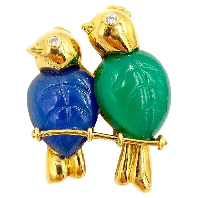 Cartier Chalcedony Diamond Yellow Gold Lovebird Brooch For Sale at 1stDibs