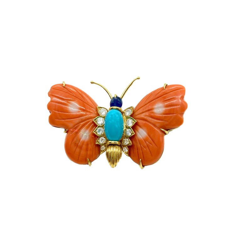 Cartier Coral, Turquoise, Diamond, Sapphire Butterfly Brooch For Sale ...