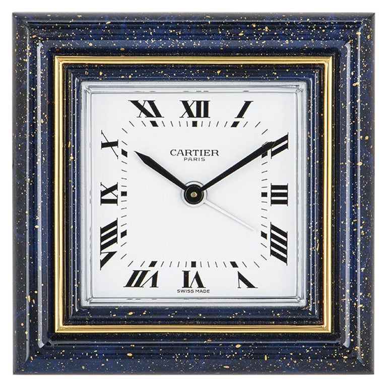 Cartier Desk Clock Brass Lapis Enamel at 1stDibs