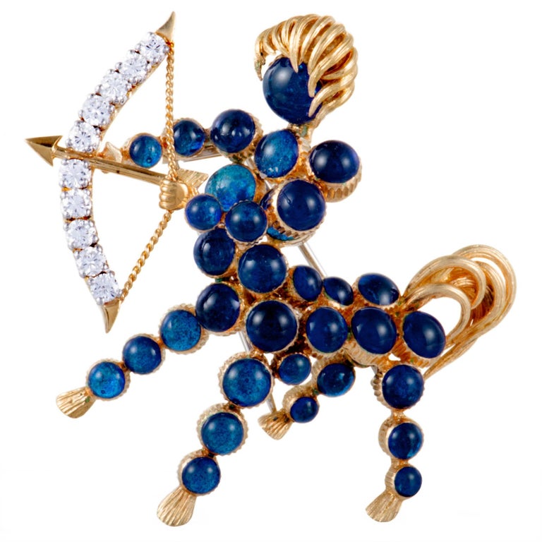 Cartier Diamond and Blue Stone Yellow Gold Sagittarius Brooch at 1stDibs