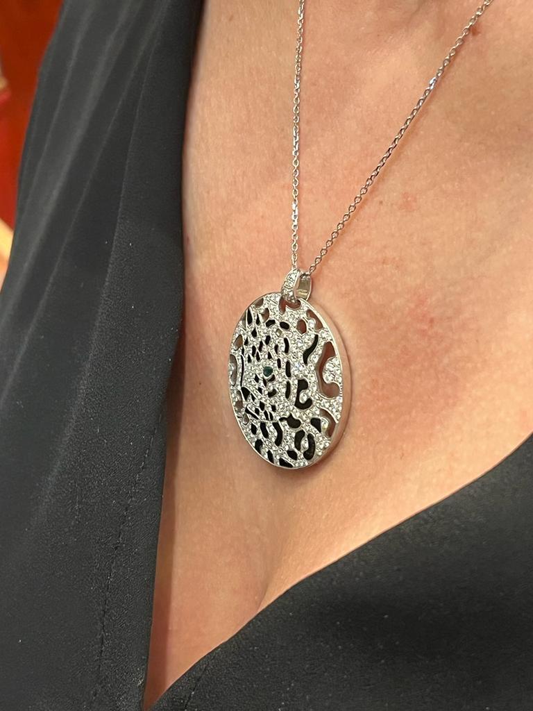 Cartier Diamond and Enamel Panther Openwork Disc Pendant in 18k White ...