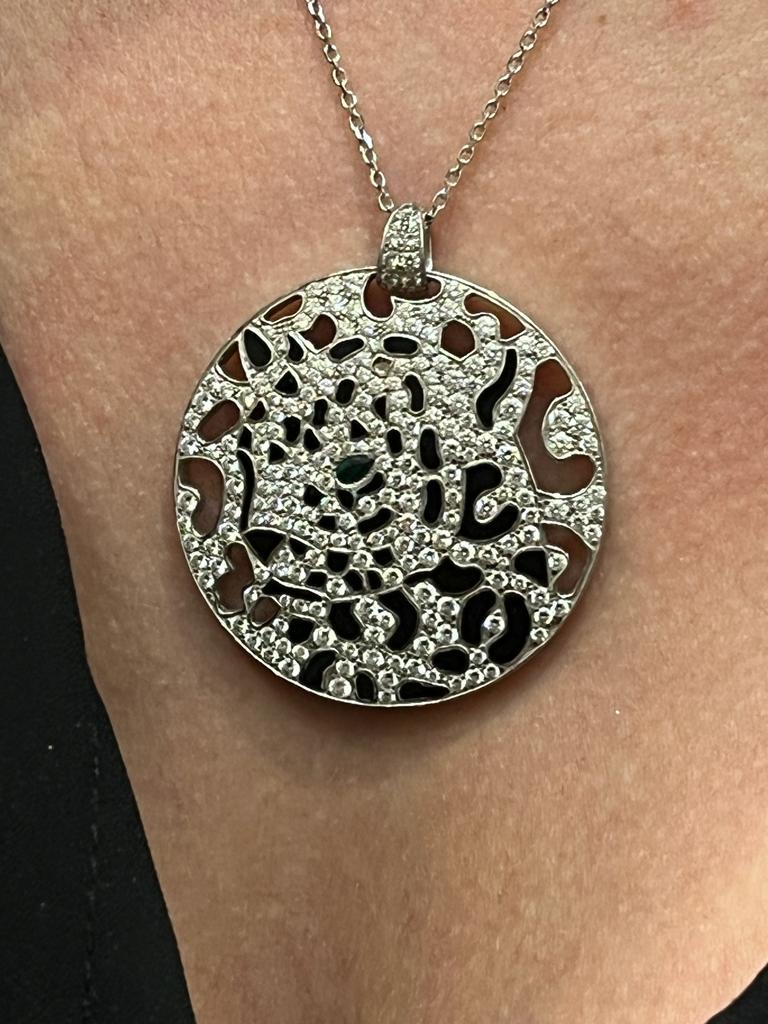 Cartier Diamond and Enamel Panther Openwork Disc Pendant in 18k White ...