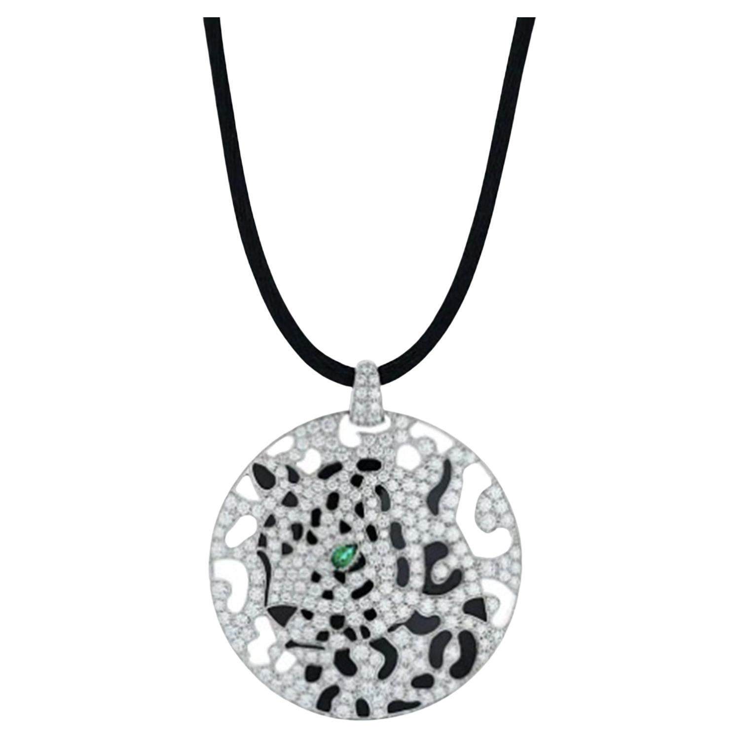 Cartier Diamond and Enamel Panther Openwork Disc Pendant in 18k White ...