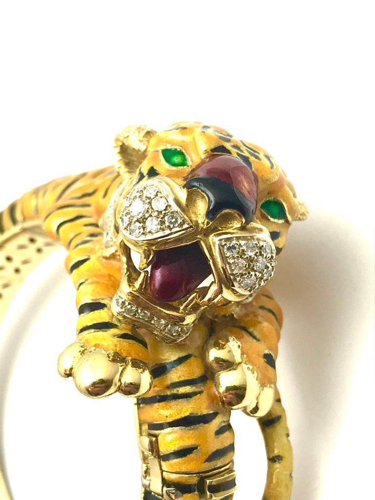Cartier Diamond and Enamel Yellow Gold Bangle Tiger Bracelet at 1stDibs ...