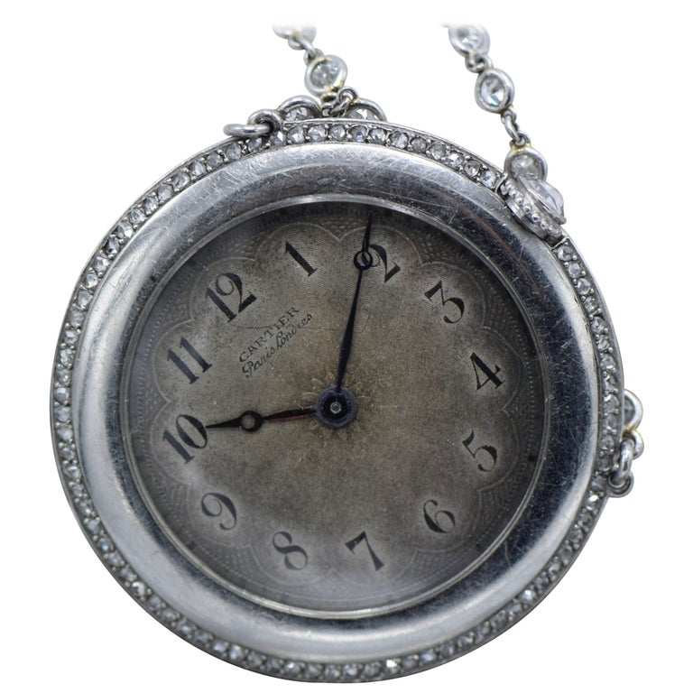 Cartier, Diamond and Platinum Watch Pendant and Chain Necklace For Sale ...
