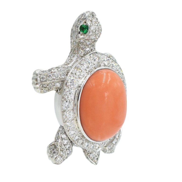 Cartier Diamond, Coral and Emerald Turtle Brooch For Sale at 1stDibs