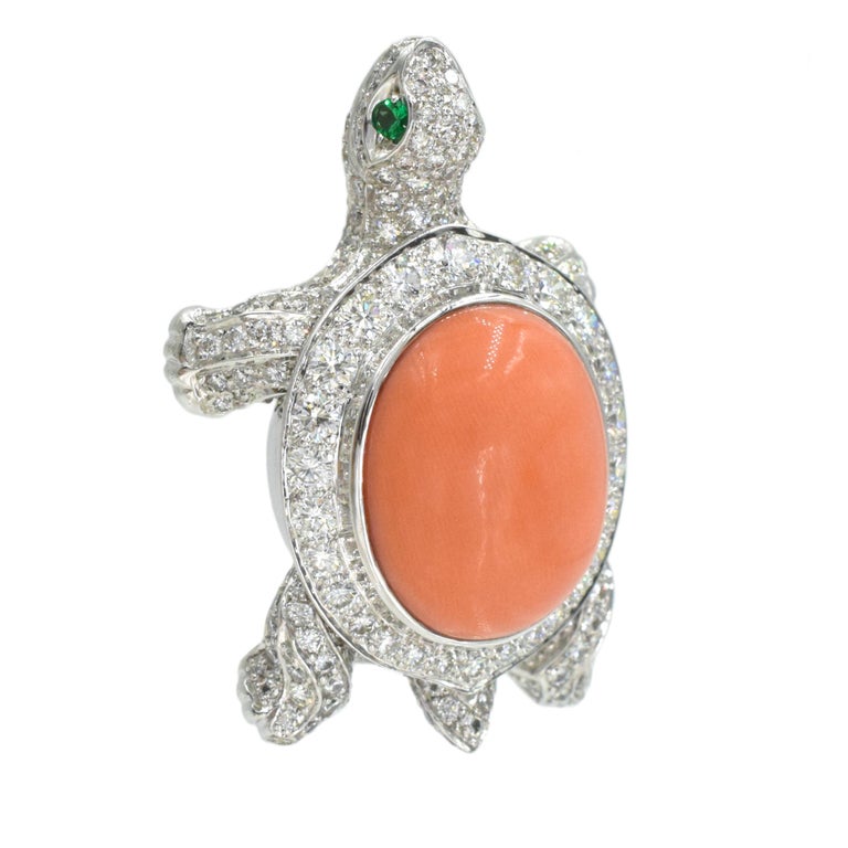Cartier Diamond, Coral and Emerald Turtle Brooch For Sale at 1stDibs