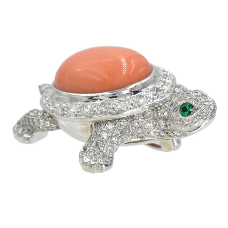 Cartier Diamond, Coral and Emerald Turtle Brooch For Sale at 1stDibs