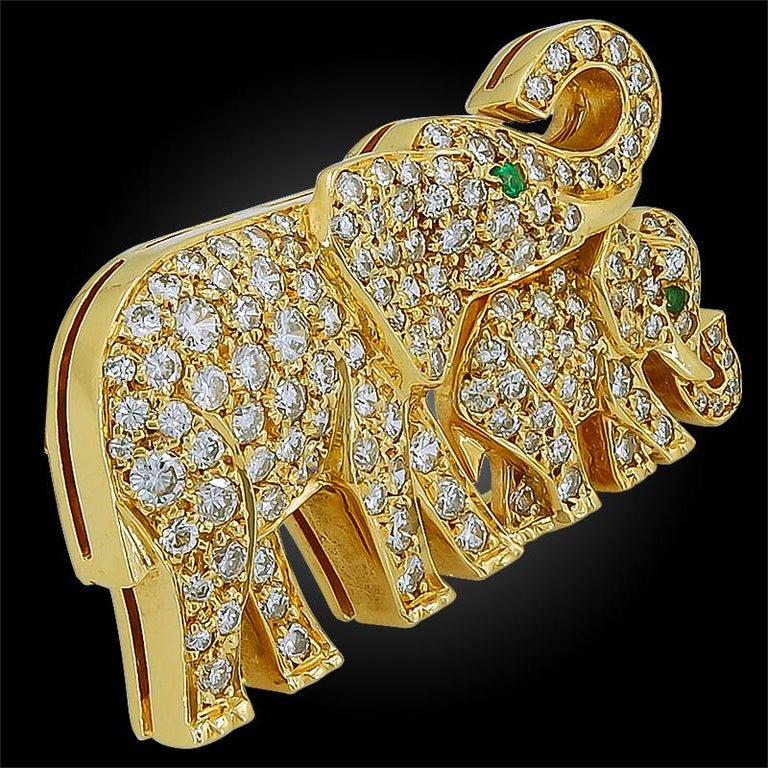 Cartier Diamond Emerald Elephant Brooch For Sale at 1stDibs