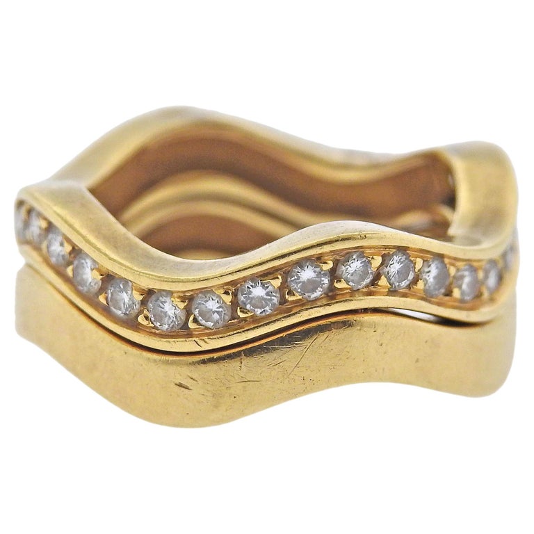 Cartier Diamond Gold Wave Band Ring Set For Sale at 1stDibs