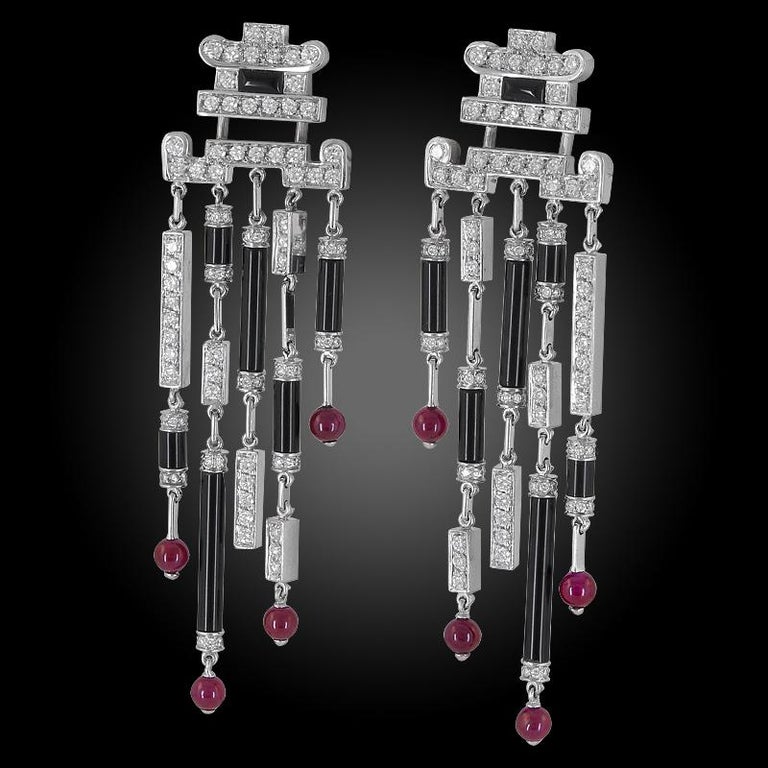 Cartier Diamond Onyx White Gold Ruby Fringe Earrings For Sale at 1stDibs