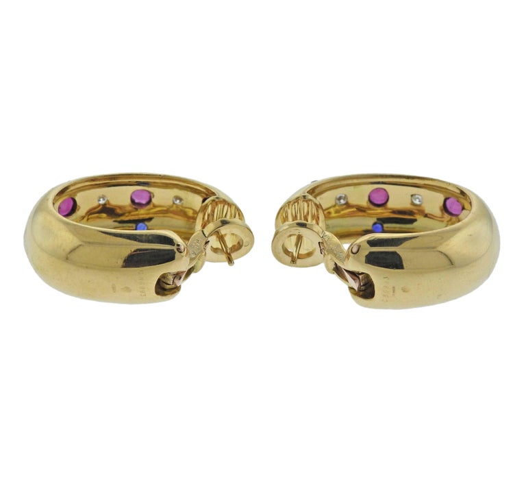 Cartier Diamond Ruby Sapphire Enamel Gold Hoop Earrings at 1stDibs