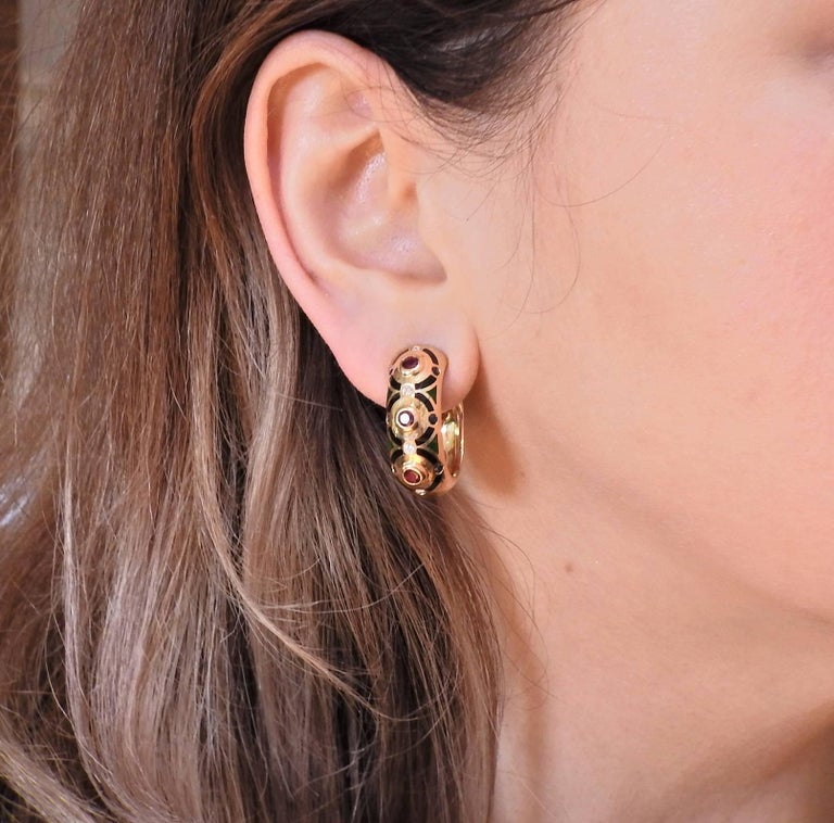 Cartier Diamond Ruby Sapphire Enamel Gold Hoop Earrings at 1stDibs
