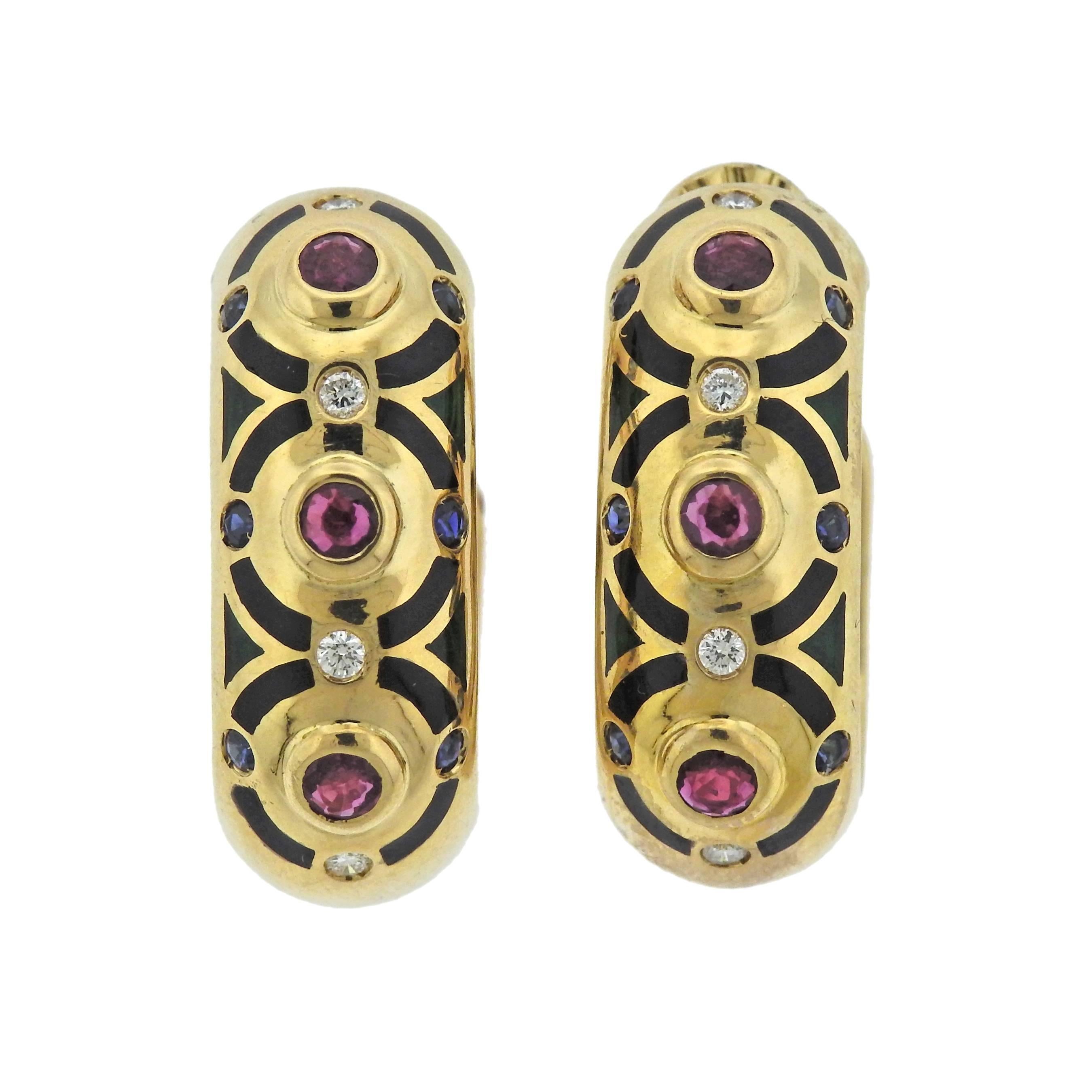 Cartier Diamond Ruby Sapphire Enamel Gold Hoop Earrings at 1stDibs