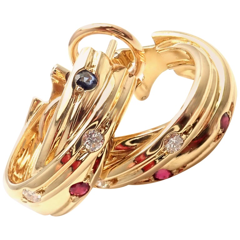 Cartier Diamond Ruby Sapphire Trinity Yellow Gold Hoop Earrings at 1stDibs
