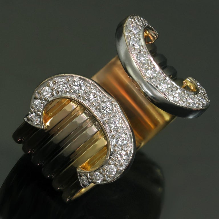 Cartier Diamond Tri-Color Gold Open C Band Wide Ring For Sale at 1stDibs