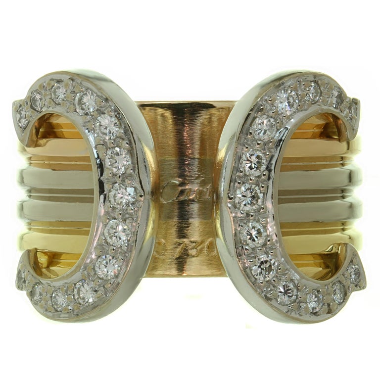 Cartier Diamond Tri-Color Gold Open C Band Wide Ring For Sale at 1stDibs