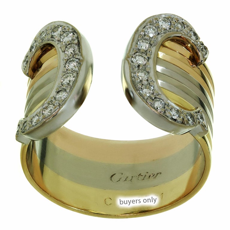 Cartier Diamond Tri-Color Gold Open C Band Wide Ring For Sale at 1stDibs