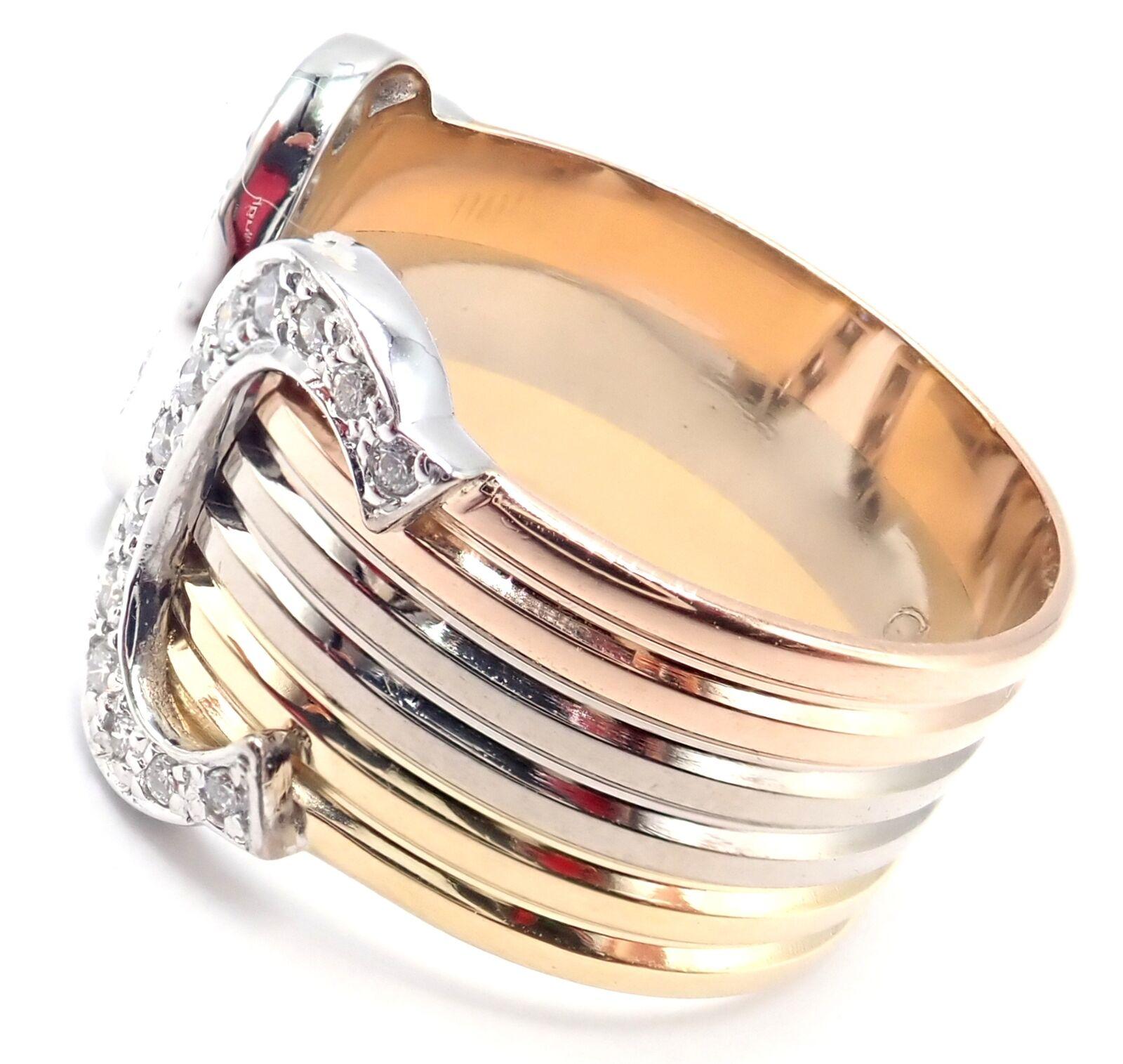 Cartier Double C Diamond Tri-Color Gold Band Ring For Sale at 1stDibs