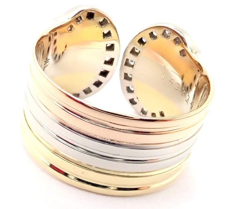 Cartier Double C Diamond Tri-Color Gold Band Ring For Sale at 1stDibs