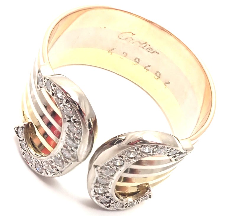Cartier Double C Diamond Tri-Color Gold Band Ring at 1stDibs
