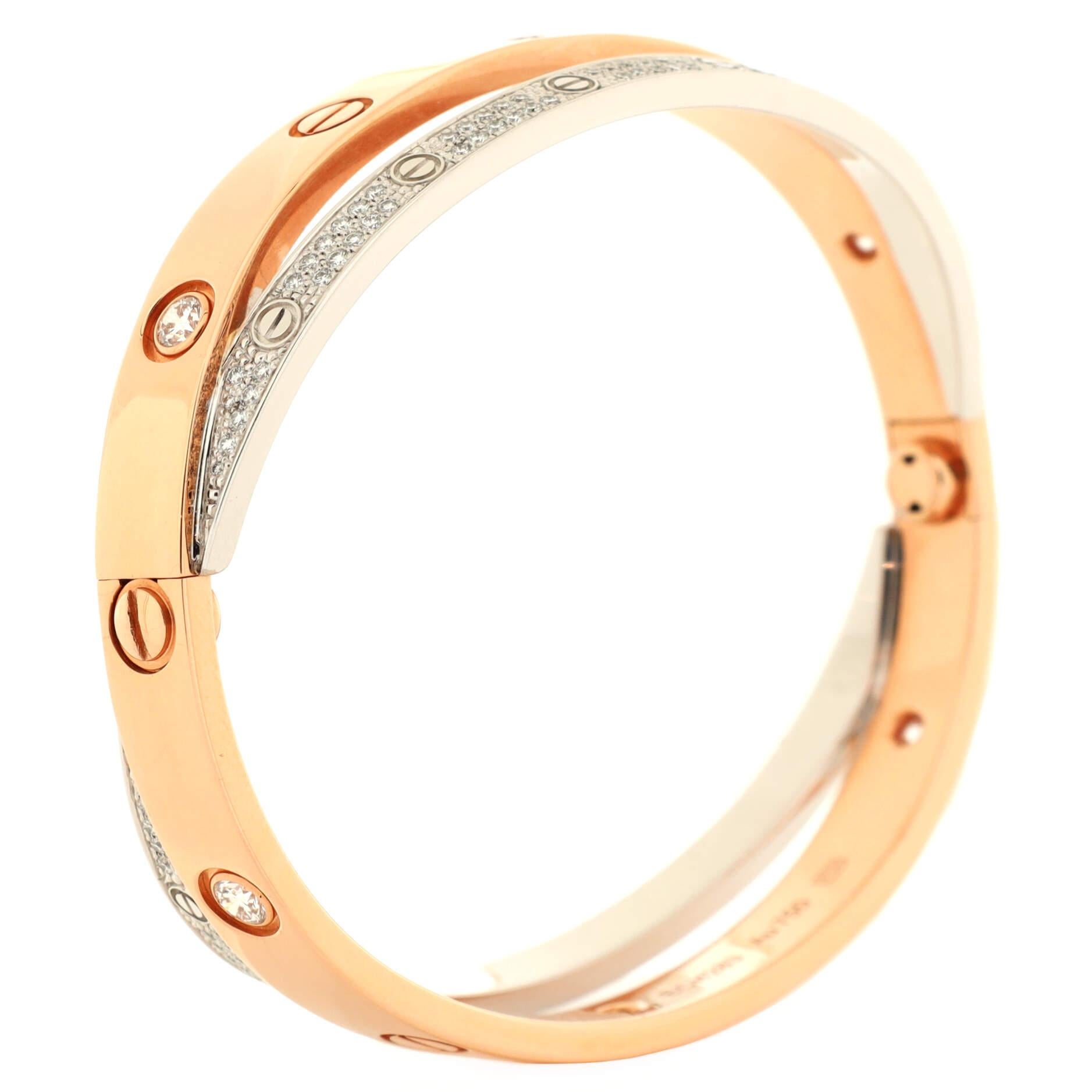 Cartier Double Love Bracelet 18K Rose Gold and White Gold with Pave ...