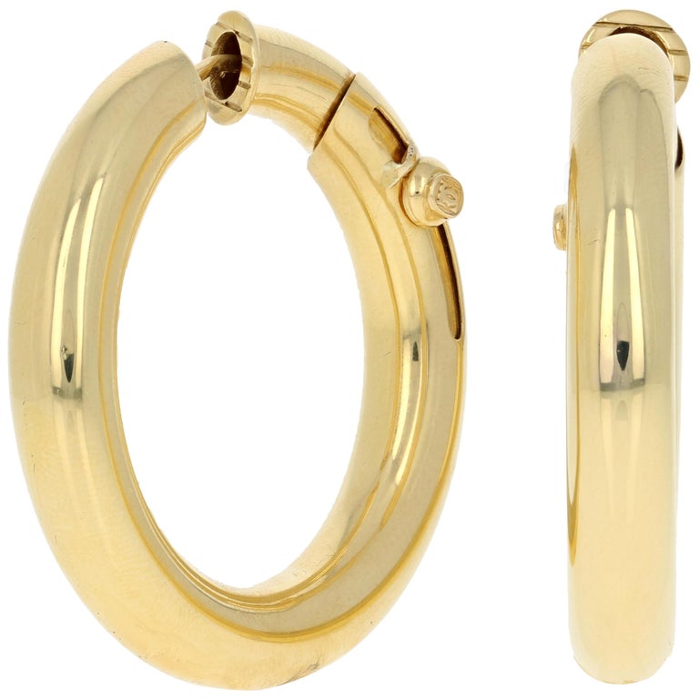 Cartier Earrings, 18 Karat Yellow Gold Round Pierced Hoops at 1stDibs
