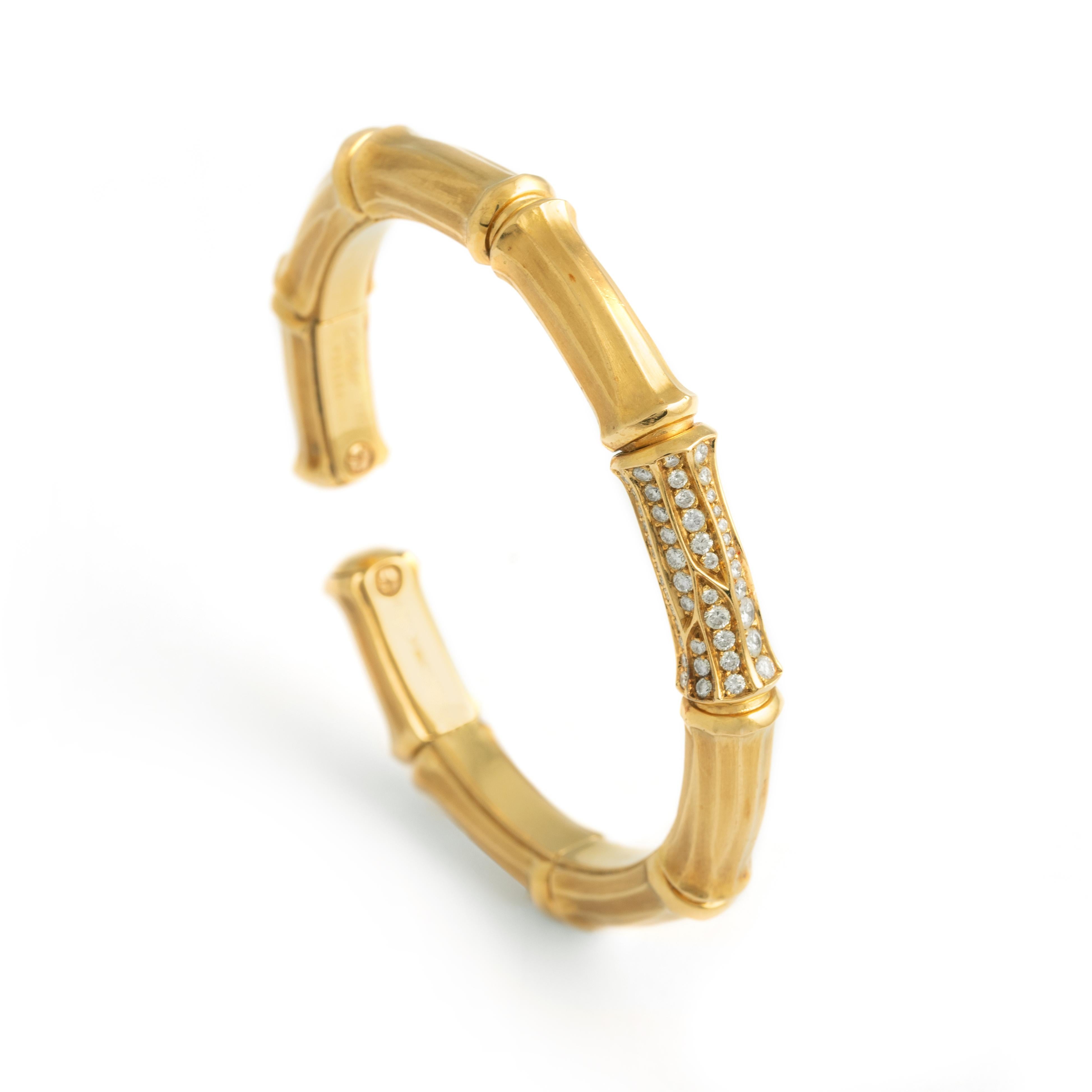 Cartier Gold Bamboo Bangle Bracelet with Diamonds For Sale at 1stDibs