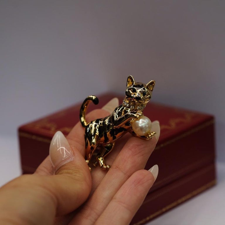 Cartier Gold Enamel Cultured Pearl Diamond and Emerald Cat Tiger Clip ...