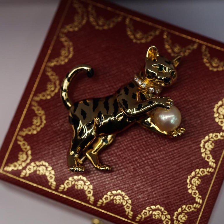 Cartier Gold Enamel Cultured Pearl Diamond and Emerald Cat Tiger Clip ...