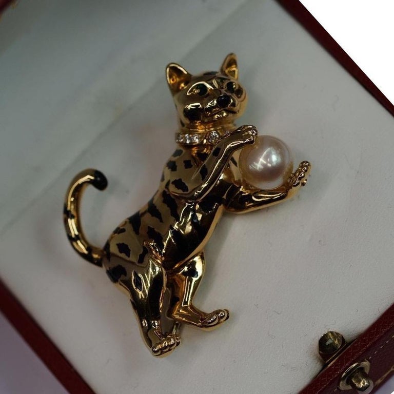 Cartier Gold Enamel Cultured Pearl Diamond and Emerald Cat Tiger Clip ...