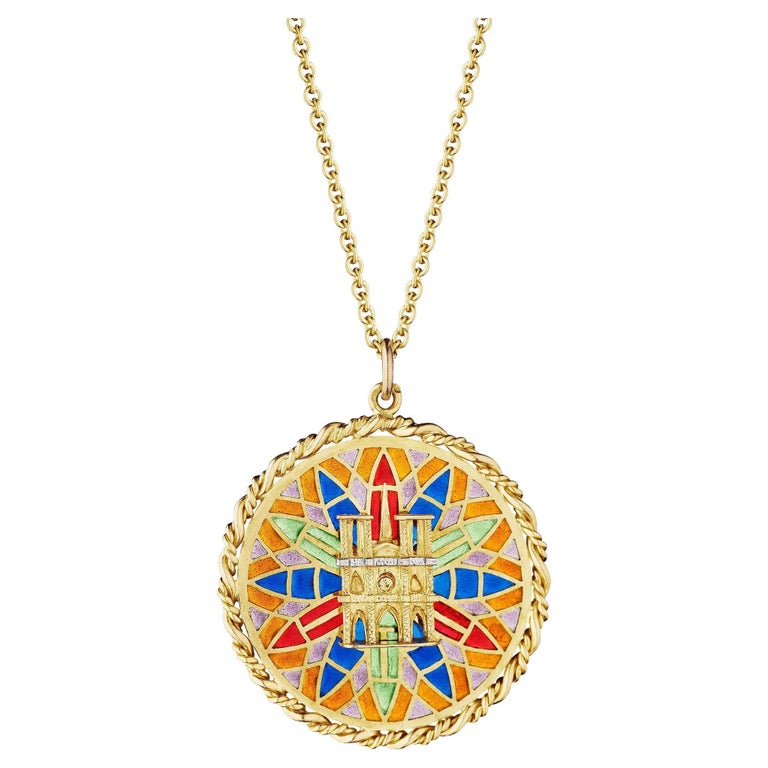 Cartier Gold Enamel Vintage Notre Dame Charm Pendant Necklace For Sale ...