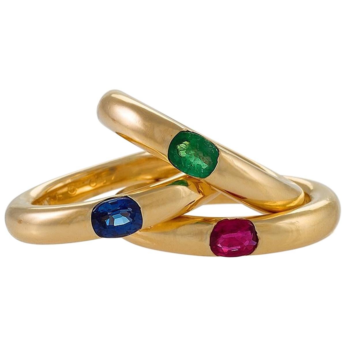 Cartier Gold, Ruby, Sapphire and Emerald Ellipse Rings For Sale at 1stDibs