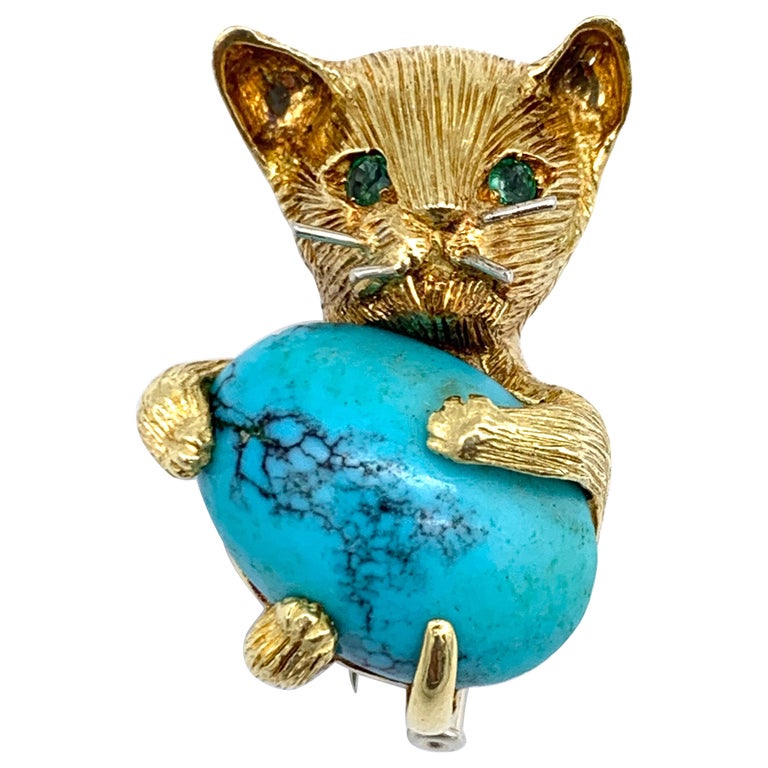 Cartier Italy Vintage 18 Karat Gold Cat Dressclip Turquoise Cabochon ...