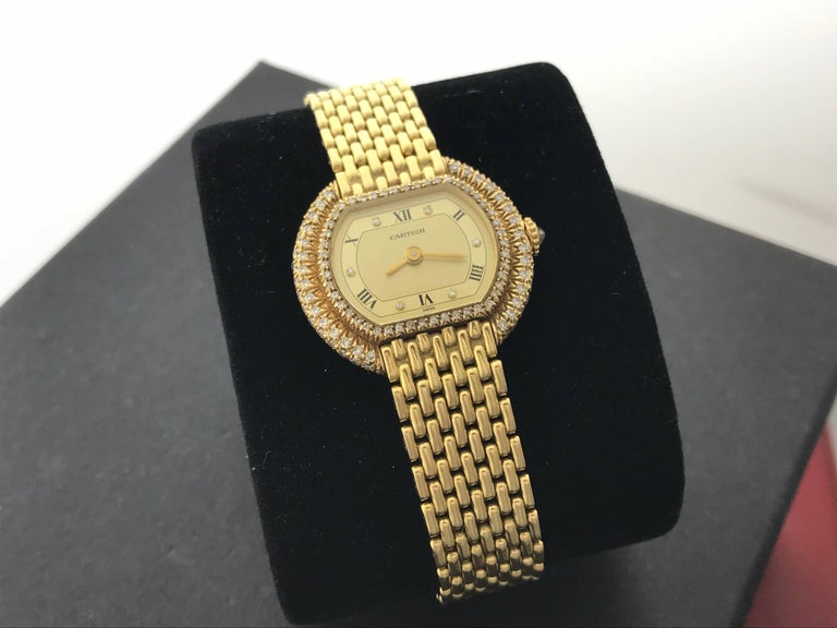 Cartier Ladies 18k Yellow Gold Manual Wind Wristwatch with Diamonds For Sale at 1stDibs