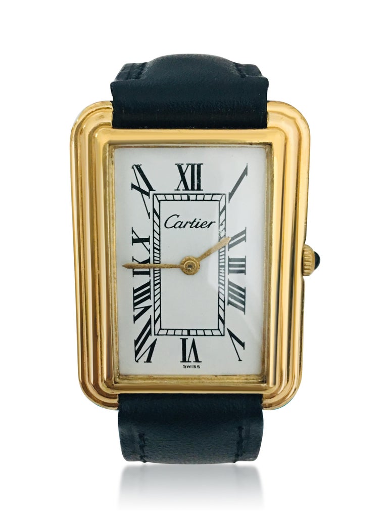 Cartier Large White Roman Dial 18 Karat Gold Watch at 1stDibs