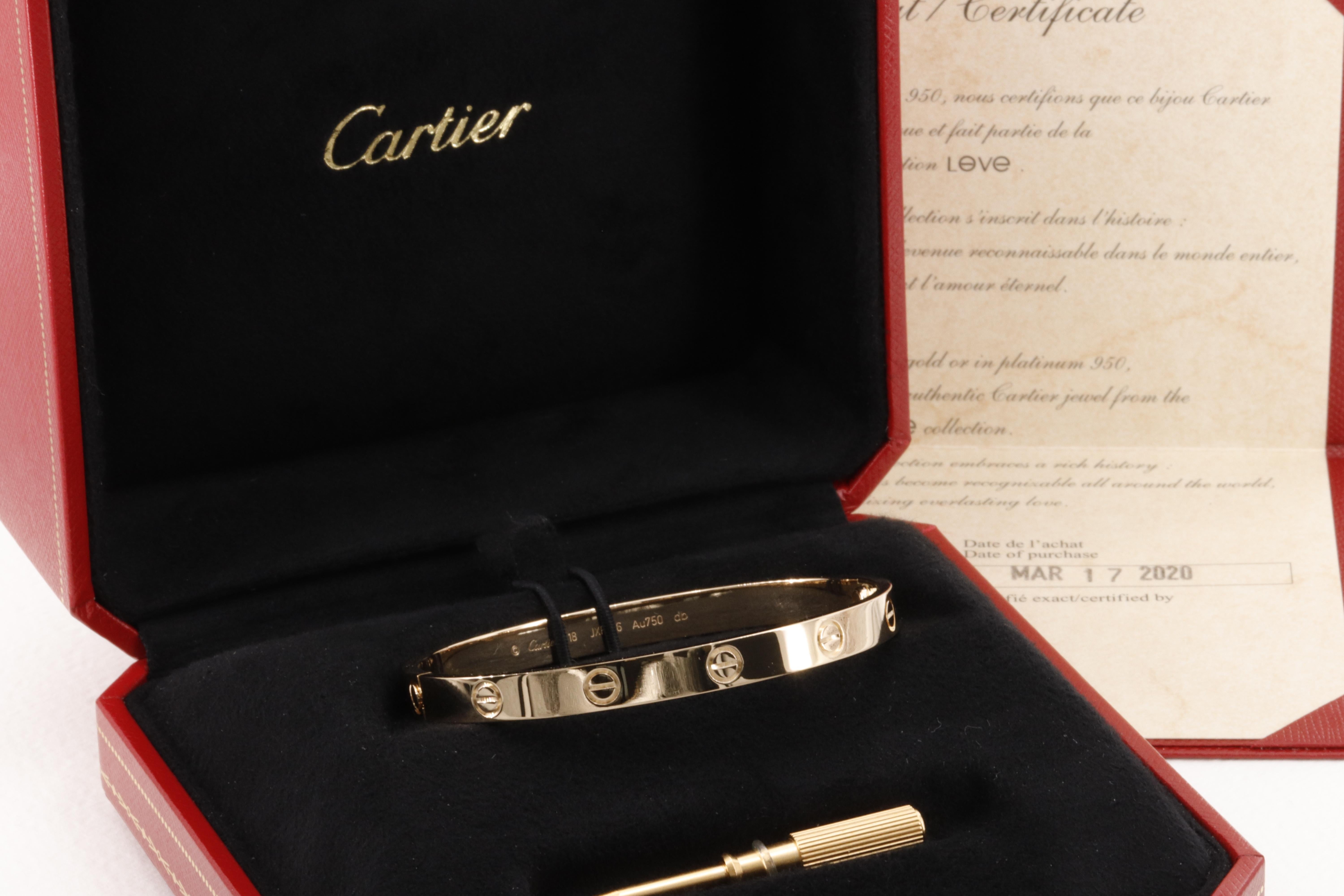 Cartier Love Bracelet 18k Yellow Gold Box, Papers and Screwdriver Size ...