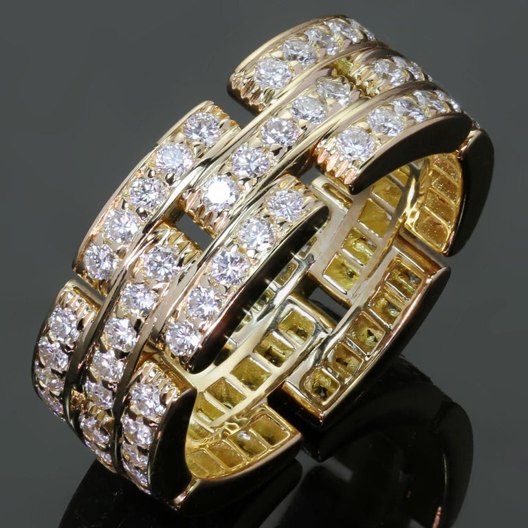 Cartier Maillon Panthere Full Diamond 18k Yellow Gold 3 Row Ring For ...