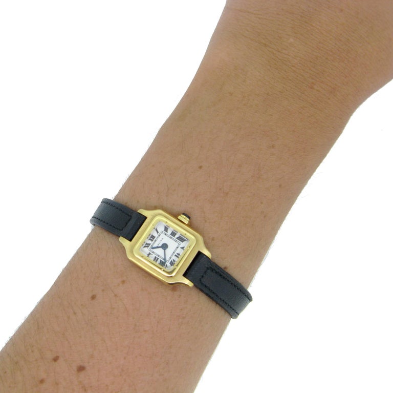 Cartier Mini "Santos" Small Manual Black Leather Yellow Gold Wristwatch ...